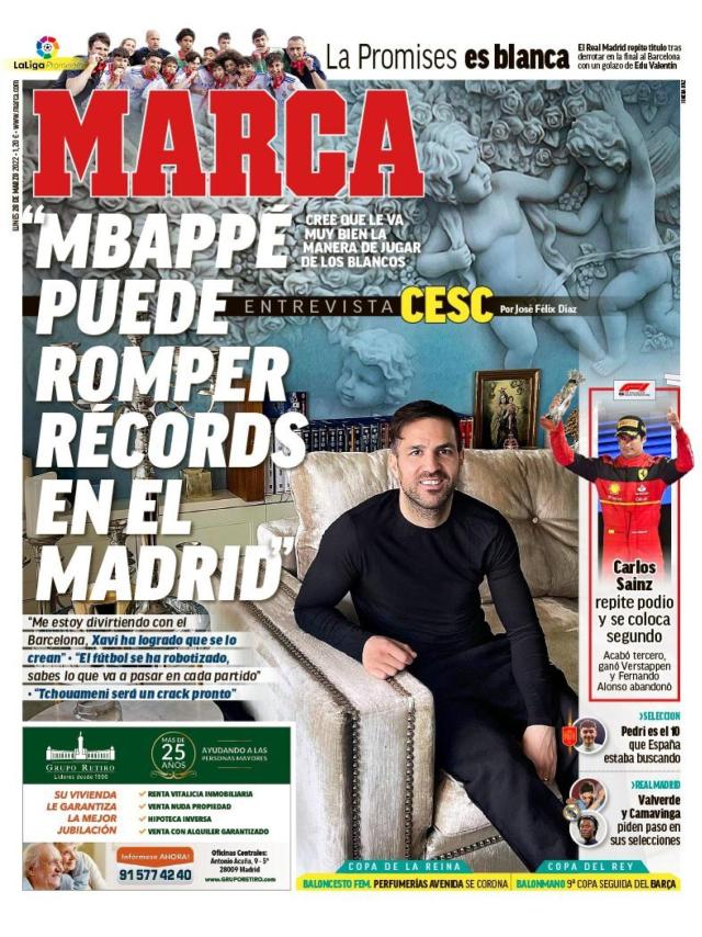 La portada del periódico MARCA (lunes, 28 de marzo del 2022): "Mbappé ...